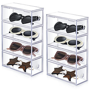 Sintuff 2 Pieces Acrylic Sunglass Organizer Clear Sunglass Holder with 4 Drawers Glasses Organizer for Women Clear Eyeglass Holder Eyewear Display Case Multiple Pair for Glasses Jewelry Watch Storage