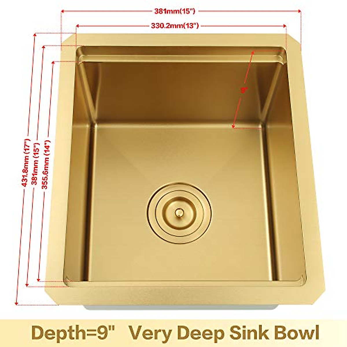 LQS Kitchen Sink Drain Strainer Assembly and Gold Undermount Bar Sink, RV Sink, Handmade Stainless Steel Bar Sink 15" x 17", 16 Gauge Workstation Sink