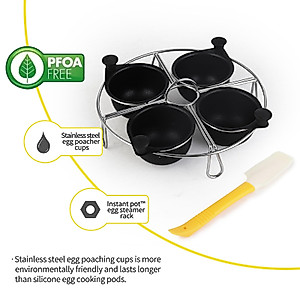 Fuexmotco Egg Poacher Insert,4 Non Stick Eggs Poaching Cups,Stainless steel Steamer Rack, Complimentary Silicone Spatula -Benedict Eggs Maker Compatible with most Skillets&Pans