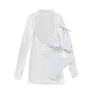 Lilosy Sexy Long Sleeve Mesh Sheer Beach Swim Cover Up Dress Bikini 3 Piece Women Drawstring Swimwear Swimsuit String Bathing Suit Set Fishnet White Large