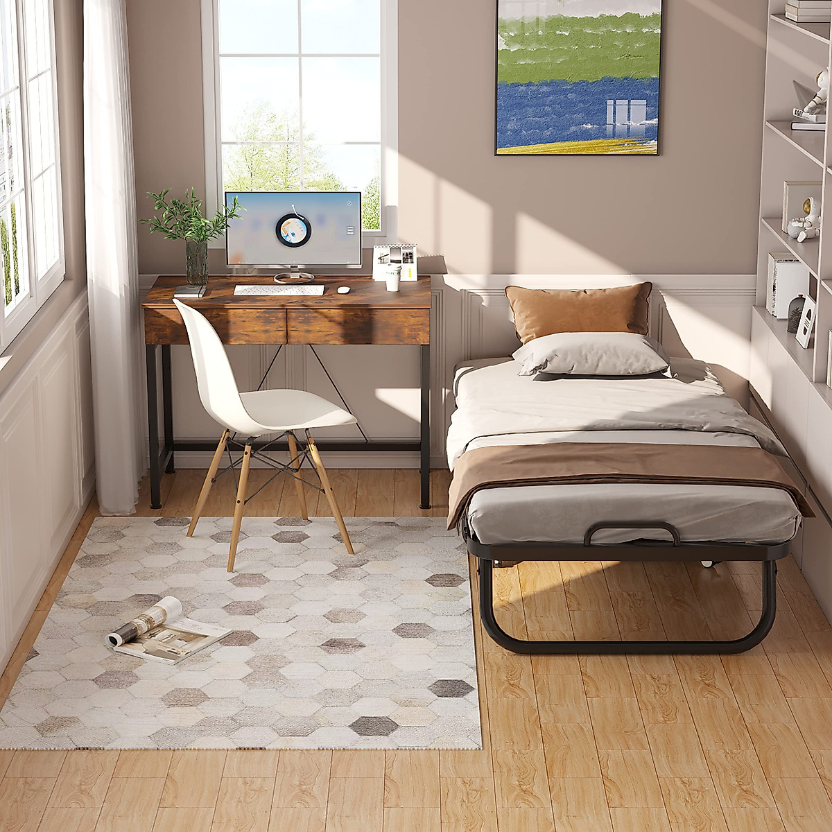 Folding Bed with Mattress, Portable Foldable Bed with Premium 5 Inch Memory Foam Mattress, Rollaway Bed Day Bed for Adults with Storage Cover and Metal Frame, Cot Size Extra Guest Bed (75" x 31")