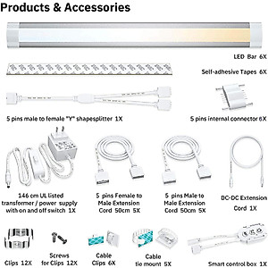 LED Smart Under Cabinet Lights Work with Alexa,Siri, Echo, Google Home (No Hub Required), 2700K to 6500K for Kitchen Under Counter, Bookcase or Display Cabinet(6 Lights Bar Kit)
