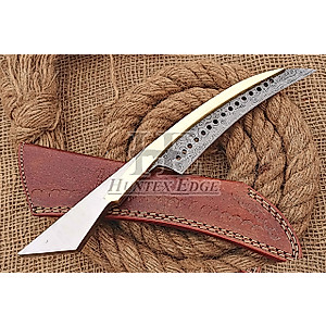HUNTEX Custom Handmade Hand-Forged Rain Drop Pattern Damascus Steel 11 Inch Long Full Tang Steel-Brass Handle Razor Sharp Hunting Camping Hawkbill Knife w/Genuine Leather Pouch
