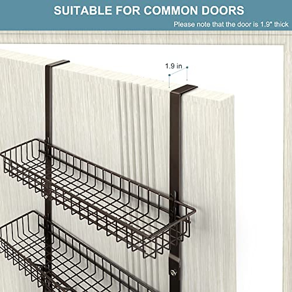 OYEAL Over The Door Hook Rack with 5 Hooks 2 Baskets Steel, Sturdy Durable Coat Rack Towel Hooks Hanging Organizer Shelves for Home Bedroom Bathroom Kitchen, Brown