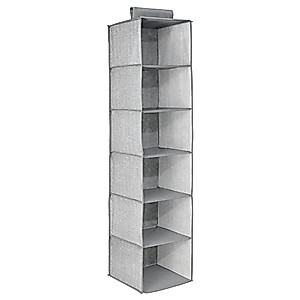 mDesign Long Soft Fabric Over Closet Rod Hanging Storage Organizer with 6 Shelves for Clothes, Leggings, Lingerie, T Shirts - Textured Print with Solid Trim - 2 Pack - Gray