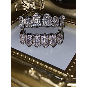 18K White Gold Plated CZ Cluster Custom Slugs Top Bottom GRILLZ Fangs Mouth Teeth Grills Set - Grillz, Teeth Cap, Iced Out Grillz (Top & Bottom Set)