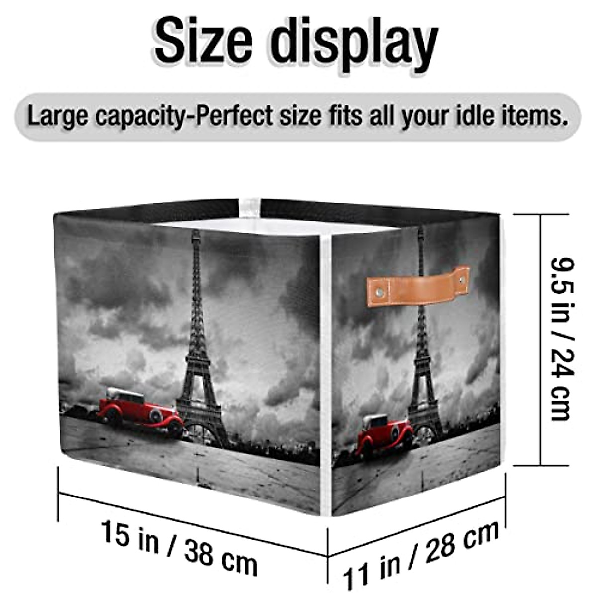 Large Collapsible Storage Bins ,Paris Eiffel Tower Car Decorative Canvas Fabric Storage Boxes Organizer with Handles，Rectangular Baskets Bin for Home Shelves Closet Nursery Gifts