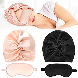 SATINIOR 4 Pcs Silk Bonnet Sleep Cap Women Silk Hair Wrap for Sleeping and Comfortable Sleep Eye Covering, 4 Piece Set(Black, Pink)
