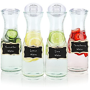 AYL Set of 4 Glass Carafe with Lids, 1 Liter Water Pitcher Beverage Serveware Carafe, Clear Glass Pitcher for Mimosa Bar, Cold Water, Brunch, Wine, Juice, Milk, Iced Tea, Lemonade,1 Hand Pour Lid