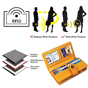 Seammer Womens Genuine Leather Wallets Large Capacity RFID Blocking Credit Card Holder Ladies Wristlet Purse (Yellow)