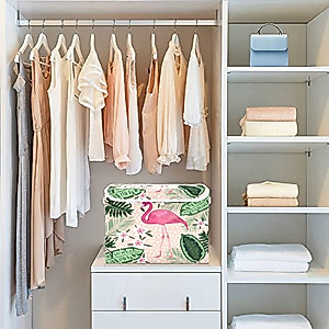 Kigai Tropical Pink Flamingo Storage Bins with Lids and Handles 17x13x12 In Foldable Fabric Storage Basket Toys Clothes Organizer for Shelves Closet Home Bedroom Office