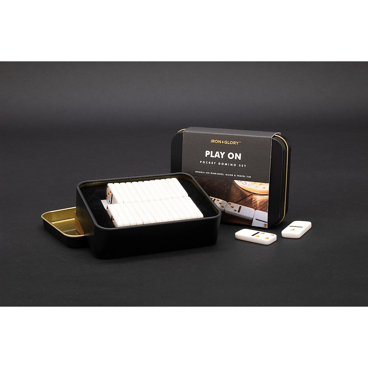 Iron & Glory | Dominoes Set | Travel Games for Adults | Mini Dominoes Set with Metal Tin Case | Family Games for Game Night | 28 Numeral Dominos & Board Game Essentials | Domino Gifts | White