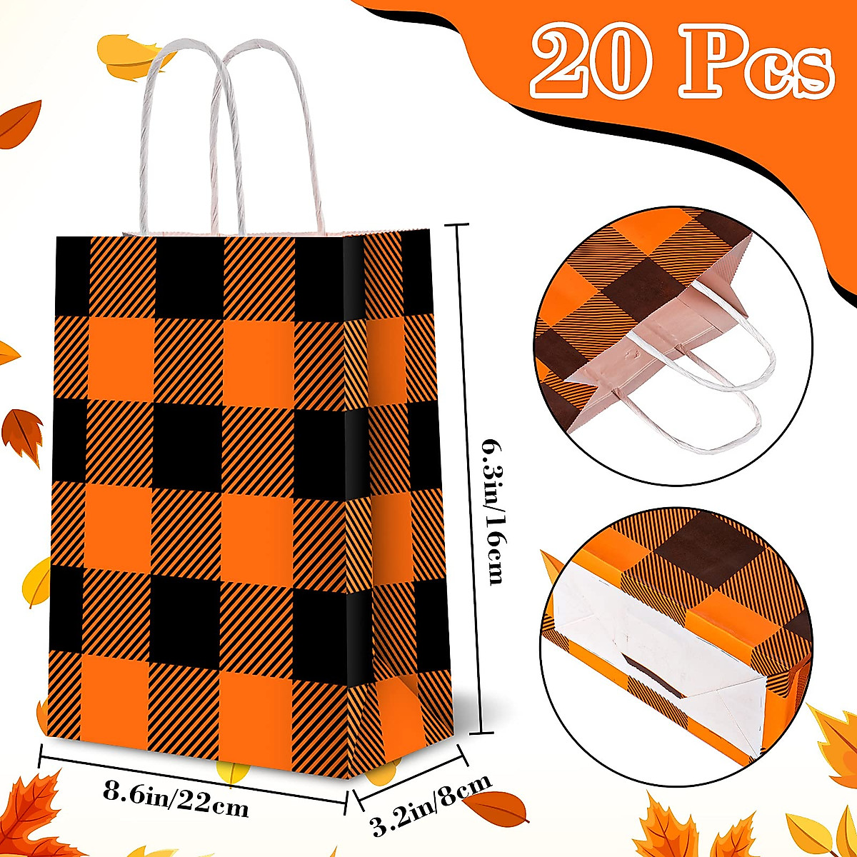 Whaline 20 Pieces Thanksgiving Fall Halloween Paper Bags Orange Black Buffalo Plaid Kraft Party Bags with Handle Party Favor Gift Bag Candy Treat Bag for Autumn Thanksgiving Halloween Wedding