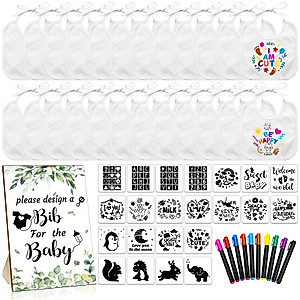 Newwiee 55 Pcs DIY Baby Bibs Set Includes 22 White Feeder Bibs 22 Stencils 10 Fabric Markers 1 Wooden Baby Shower Game Sign (Greenery)