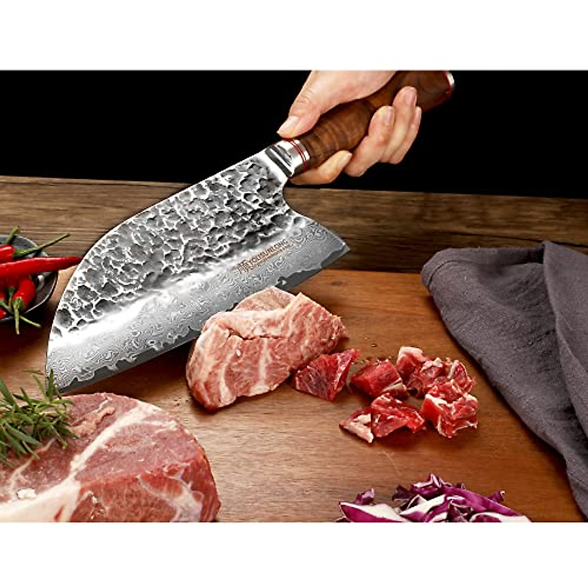 YOUSUNLONG Hybrid Cleaver Outdoor Heavy Duty Meat Cleaver 8 Inch Hammered Damascus Natural Walnut Wood Sheath with Leather
