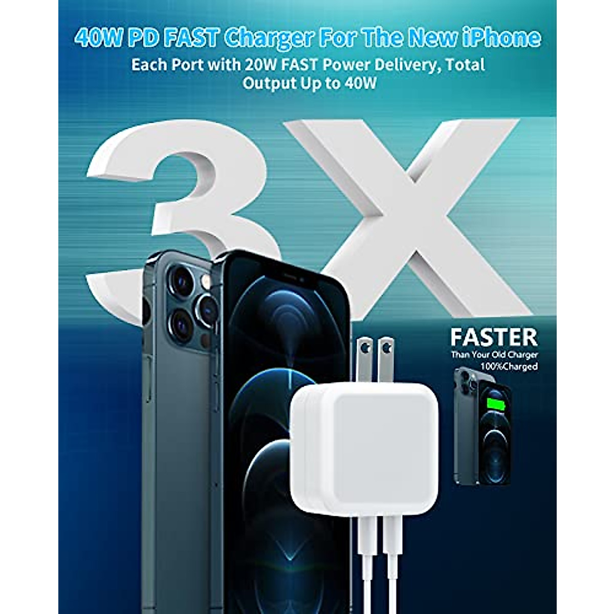 [Apple MFi Certified] iPhone Fast Charger, GEONAV 40W Dual USB C Foldable GaN Charger, 2-Port 20W Power Delivery Quick Charger with 2Pack 6FT Type C to Lightning Sync Cable for iPhone/iPad/AirPods Pro