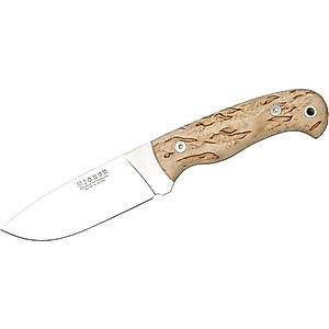 Joker Hunting Knife Montés II CL58, 4.33 inches Blade, Curly Birch Wood Handle, with Brown Leather Sheath, Tool for Fishing, Hunting, Camping and Hiking
