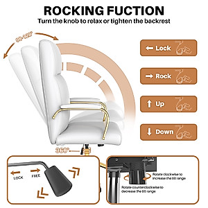 Genpo White and Gold Office Chair, High Back Office Chair for Women, Modern Desk Chair Comfy with Arms, Leather Executive Office Chair with Wheels