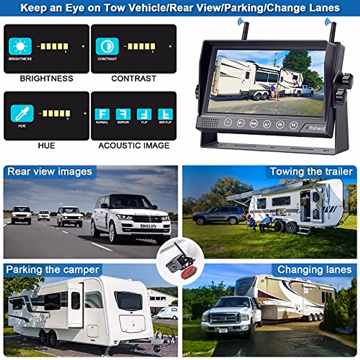 Rohent RV Backup Camera Wireless HD 1080P Waterproof Dual Antennas Digital Signals Rear View System for Trailers Trucks Motorhomes 4 Channels 7'' Touch Key DVR Monitoring Night Vision R12