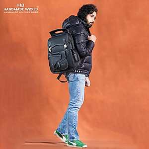 Handmade World Vintage Full Grain 18 Inch Black Leather Laptop Large Backpack Casual Bookbag Daypack Camping Travel Rucksack Knapsack