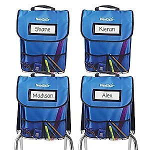 EAI Education NeatSeat Classroom Chair Organizer | Oversized Name-Tag Card, Dual Inner Pockets, Blue, 16" x 12" with 1 1/2" Gusset, Set of 4