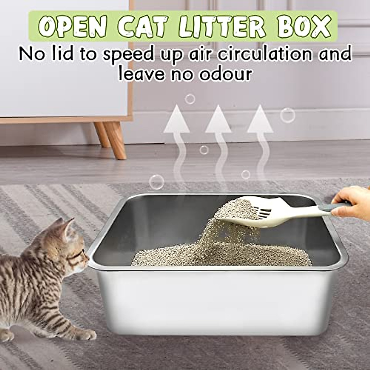 BNOSDM 2 Pack Stainless Steel Litter Box Smooth Litter Pan for Cats and Rabbits Metal Cat Litter Box High Sided, Non Stick, Easy to Clean, 17.7" L X 13.8" W X 5.9" H