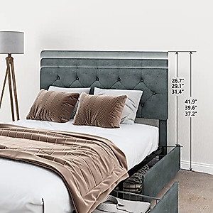 Wancla Queen Upholstered Platform Bed Frame with 4 Storage Drawers/Adjustable Button Tufted Headboard/No Box Spring Neeed/Wood Slat Support/Easy Assembly/Dark Grey, Leathaire