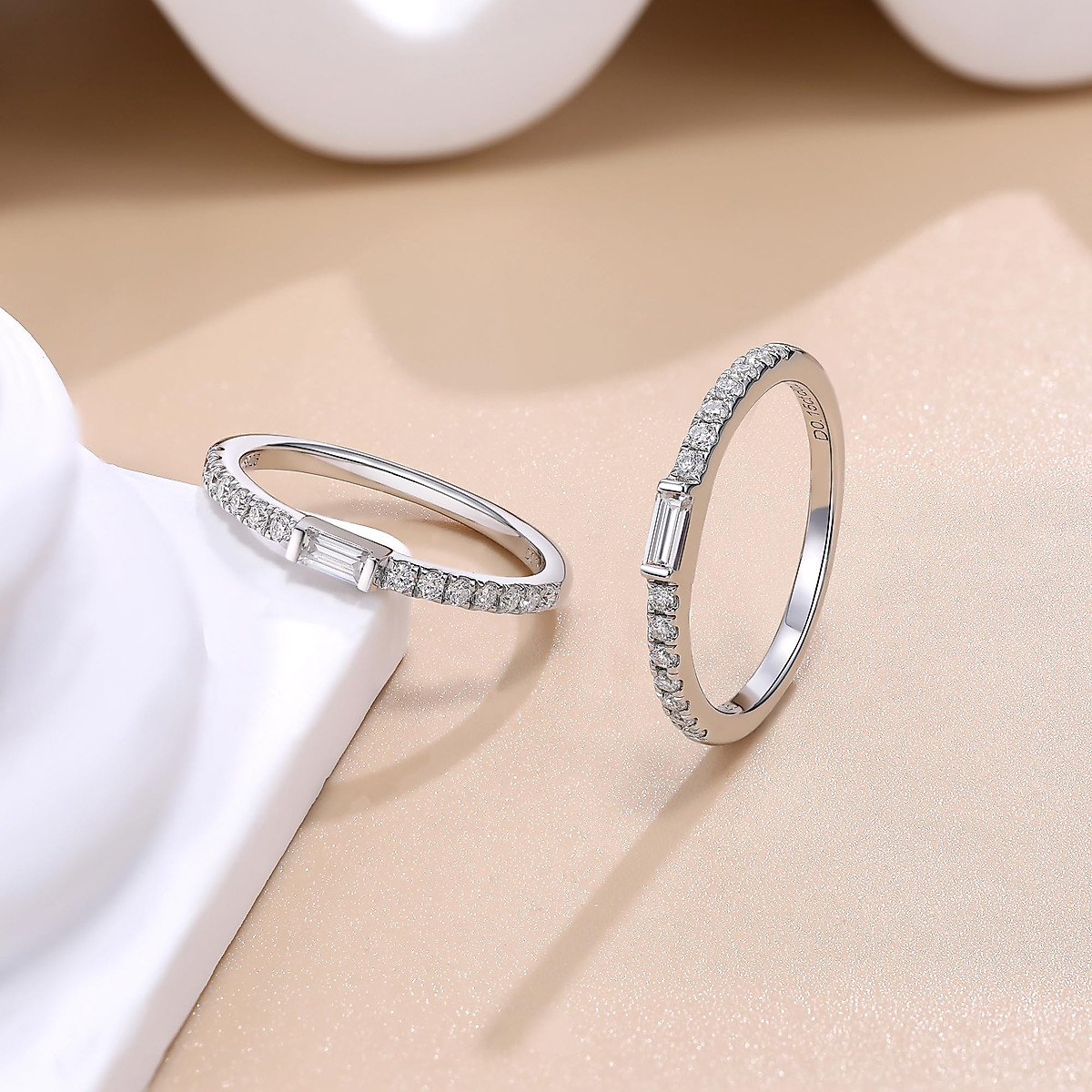 Hitlinker Moissanite Wedding Band Emerald Cut Baguette Rings for Women S925 Sterling Silver Moissanite Rings D Color VVS1 Lab Created Diamond Rings Half Moissanite Eternity Band Baguette Wedding Band