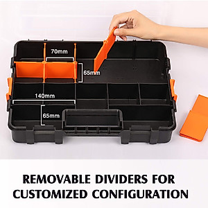 MIXPOWER 15-inch 2pcs Toolbox Organizer Sets, 20 Removable Dividers, Durable Plastic Box, Excellent for Screws, Nuts, Small Parts, 34-Compartment Black/Orange 2 Pieces Set