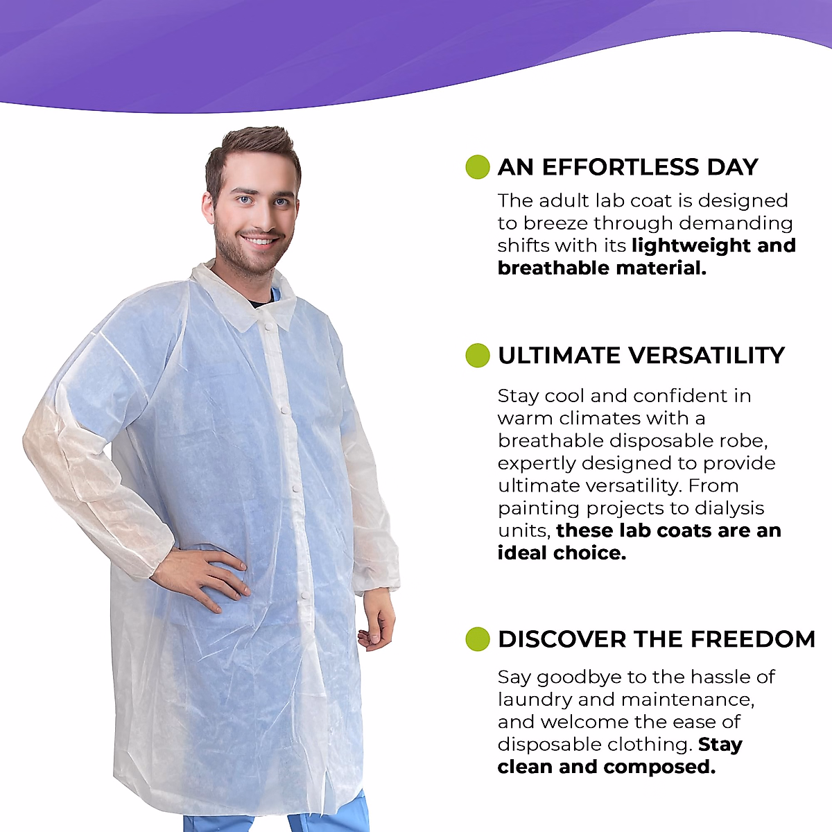 AMZ Medical Supply Disposable Lab Coats for Adults XL, White Disposable Lab Coat Knee Length, SMS 40 GSM Painting Lab Coat No Pockets, Medical PPE Coat with Long Sleeves, Elastic Wrist, Loop Fasteners