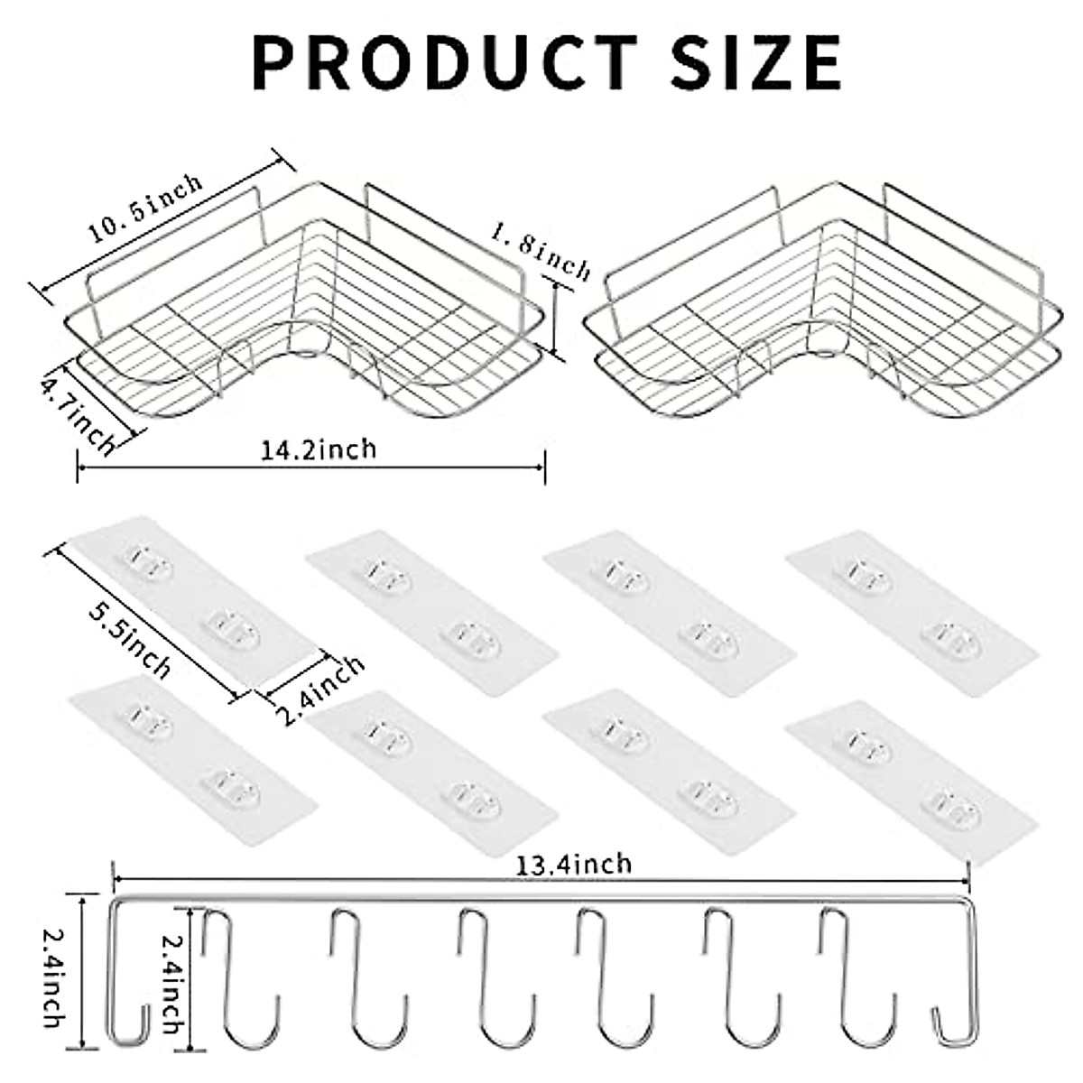 2 Pack Corner Shower Caddy Shelf, No Drilling Heavy Duty Corner Shower Basket Adhesive Stainless Steel Bathroom Shower Organizer for Kitchen, Bathroom, Toilet