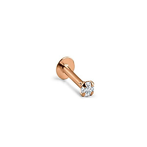 14k Rose Gold Threadless Push Pin Labret Nose Ring Stud 1/4" 6mm Post 2mm Clear CZ 18G