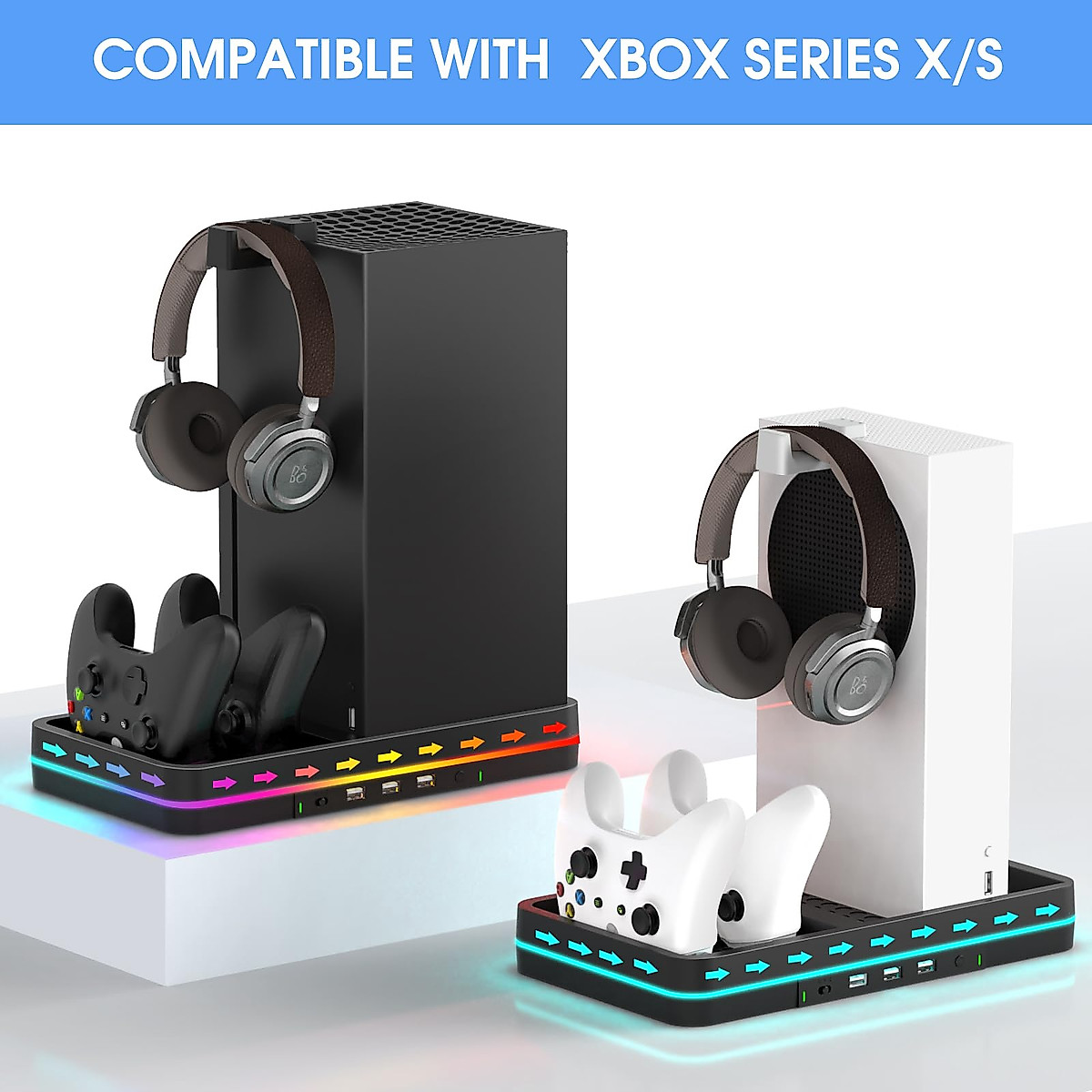 KEPLUG Dual Cooling Fan and Cooling Stand for Xbox Series X/S Console/Controller,Xbox Dual Controller Charger Station with RGB LED Light & 3 USB Ports,Xbox Series x Accessories with 2 Headphone Hooks