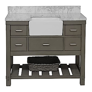 Charlotte 48-inch Bathroom Vanity (Carrara/Weathered Gray): Includes Weathered Gray Cabinet with Authentic Italian Carrara Marble Countertop and White Ceramic Farmhouse Apron Sink