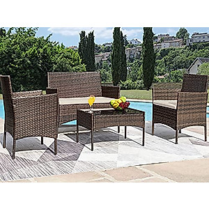 Greesum Patio Furniture 4 Pieces Conversation Sets Outdoor Wicker Rattan Chairs Garden Backyard Balcony Porch Poolside loveseat with Soft Cushion and Glass Table, Brown and Beige