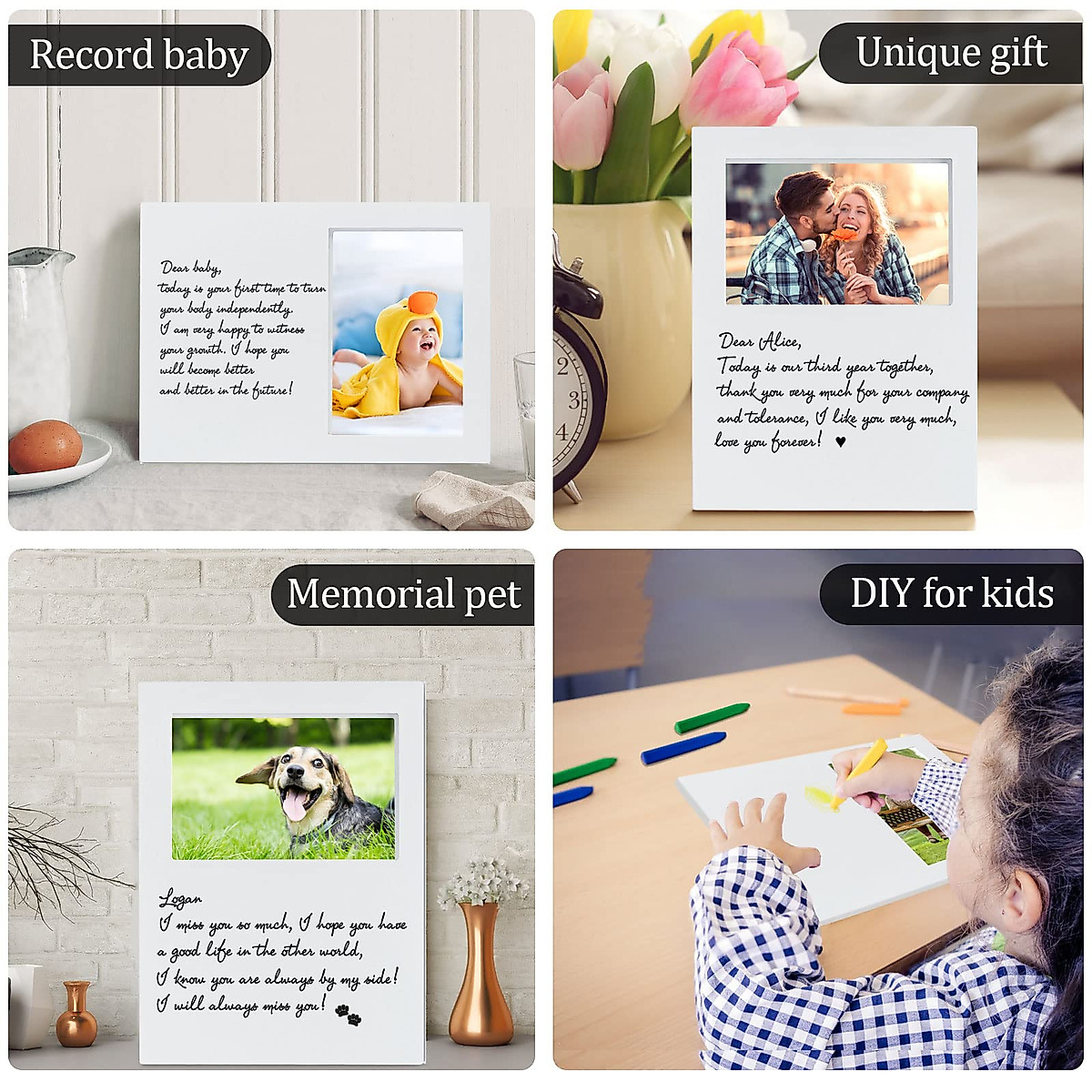Lnzong Personalized Wood Picture Frame, Memorial Gifts for Mother Father Baby Friends Family Pet, White Photo Frame for 4x6 picture with Signature Space - Horizontal/Vertical Display on Table or Wall
