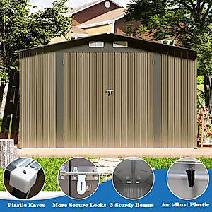 TIMWNER Large Storage Shed, 10' × 8' FT Metal Storage Shed with Lockable Door, Waterproof Shed Outdoor Use, Tool Shed with Windows for Bike, Garden, Brown
