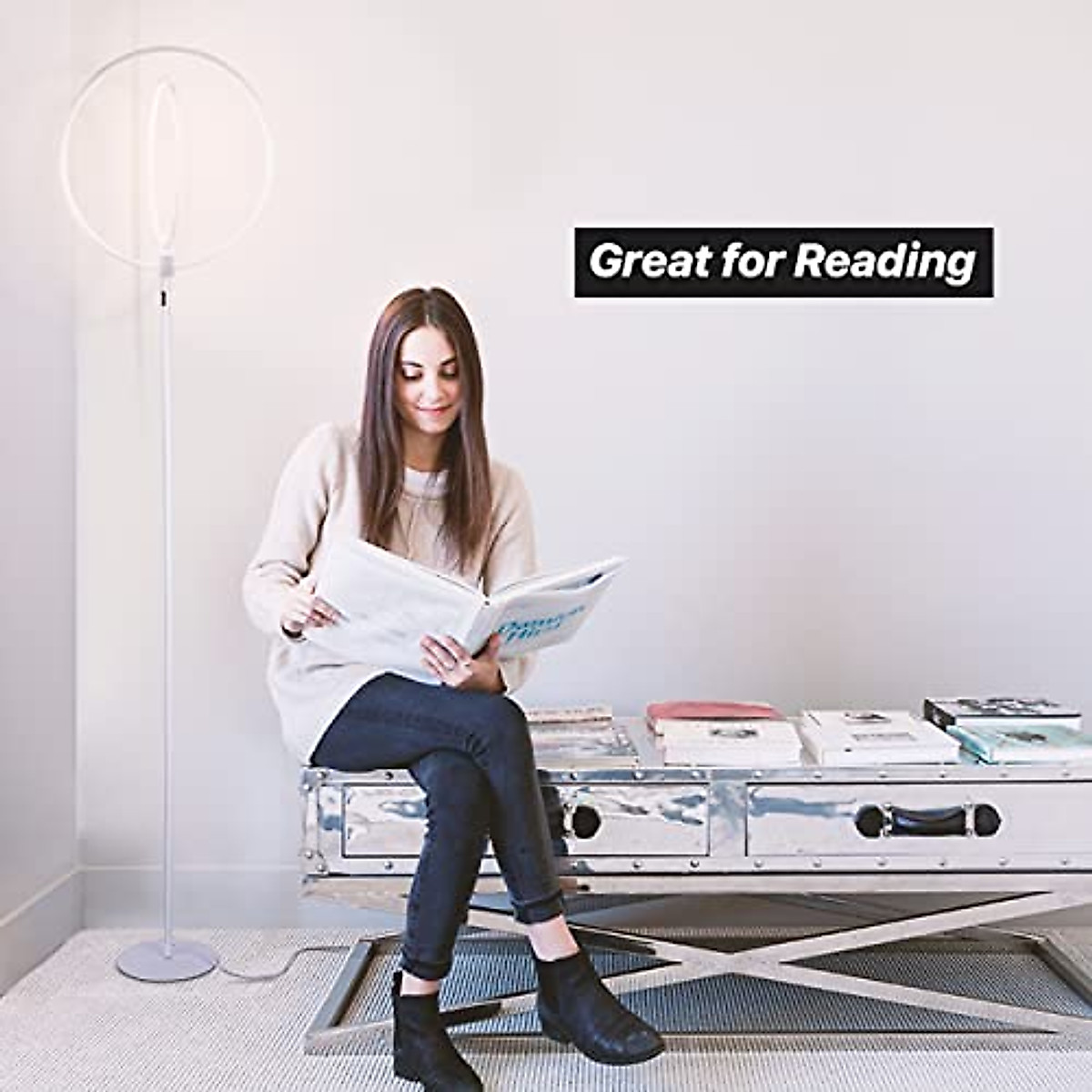 Brightech Eclipse Dimmable LED Floor Lamp, Modern Torchiere Floor Lamp for Living Rooms & Offices – Super Bright Tall Lamp with Dimmable Options for Reading, Standing Lamp Living Room Décor - Silver