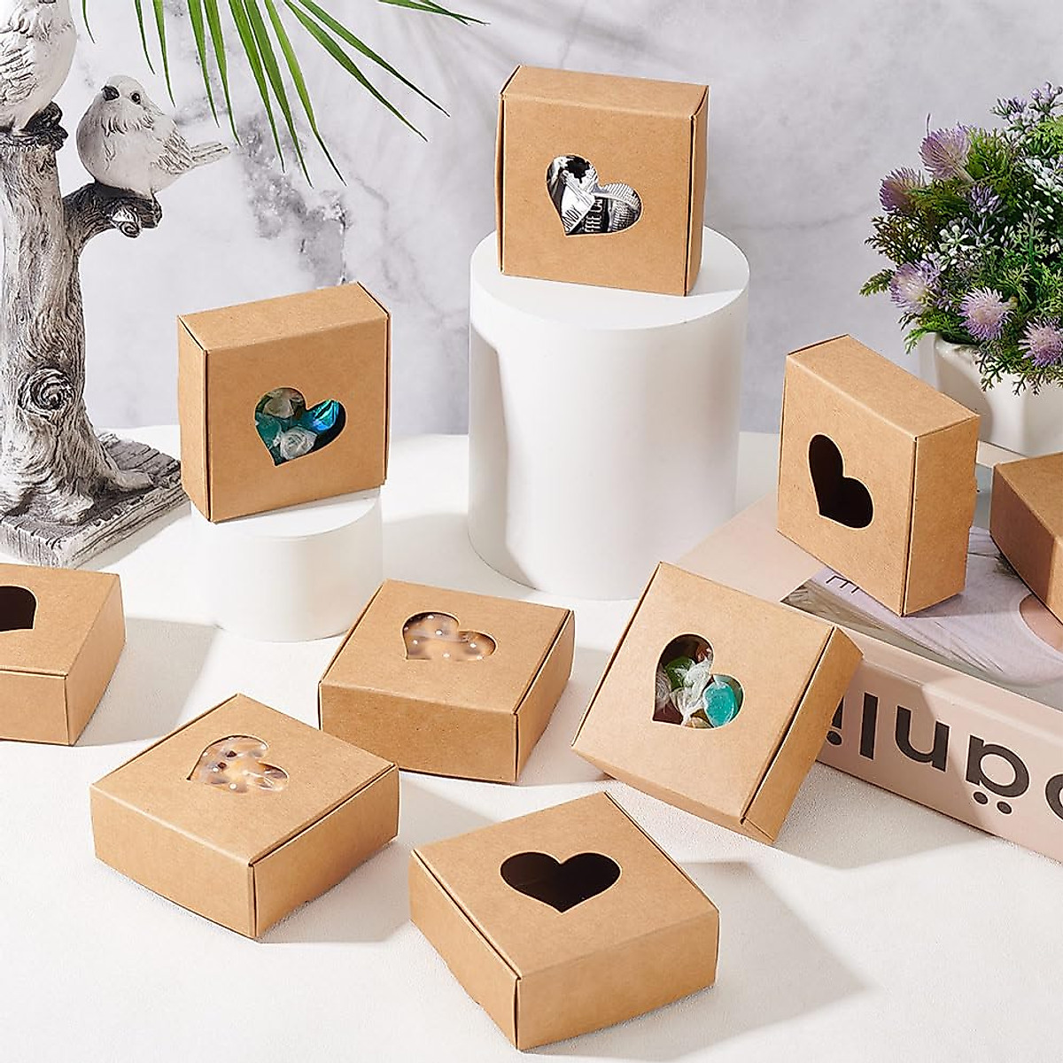 BENECREAT 30 Packs Kraft Paper Boxes with Heart Shape Hole (No Film) 3x3x1.2 Cardboard Gift Boxes for Wedding Party Favor Treats and Jewelry Packaging