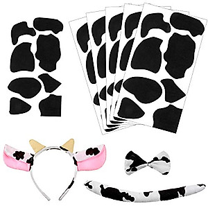WILLBOND 5 Sheets Cow Felt Pads Adhesive Felt Circles with 1 Set Halloween Cow Ear Headband, Bow Tie and Cow Tail for Halloween DIY Costume, Over 6 Years