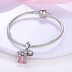 NARMO 925 Sterling Silver Charms for Pandora Bracelets Silver Charms Pink Suitcase Makeup Bag Charms for Women