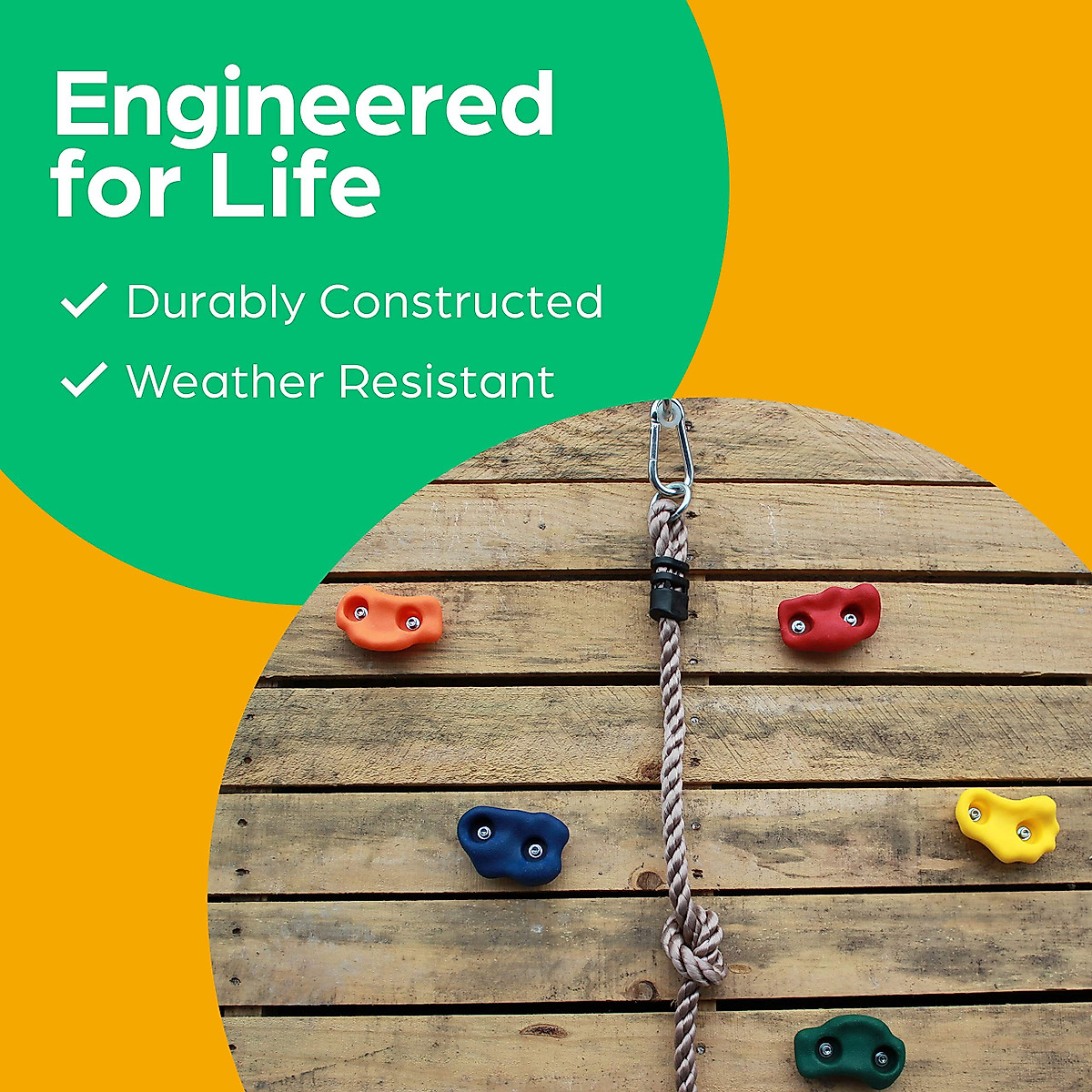 Jungle Gym Kingdom Rock Climbing Holds for Kids - Indoor & Outdoor Rock Wall Climbing Kit with Mounting Hardware, Knotted Rope and 25 Handles - Playground Accessories﻿