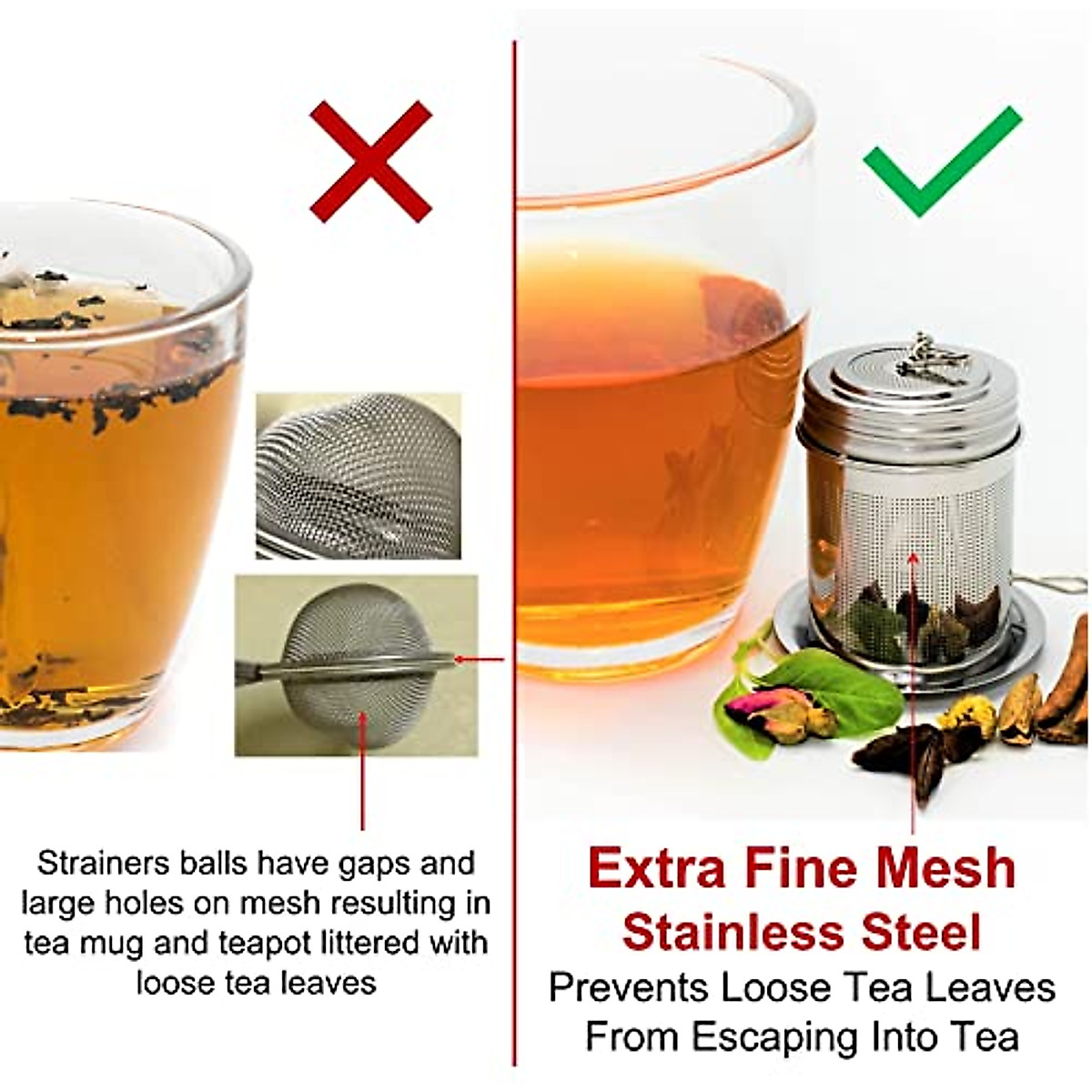 URBAN ESCAPE Tea Steeper For-Loose Tea Leaf (2 PACK-LARGE for Teapot/Kettle & SMALL for Mug/Cup 20oz) Tea Infuser Tea Diffuser Extra Fine Mesh Stainless Steel Tea Strainer Ball Colador Infusor té