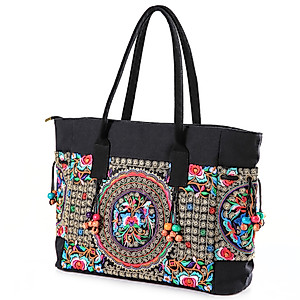 Embroidered Canvas Top Handle Handbag, Ladies Casual Vintage Shoulder Bag Fashion Tassels Handbag (Golden Flower)