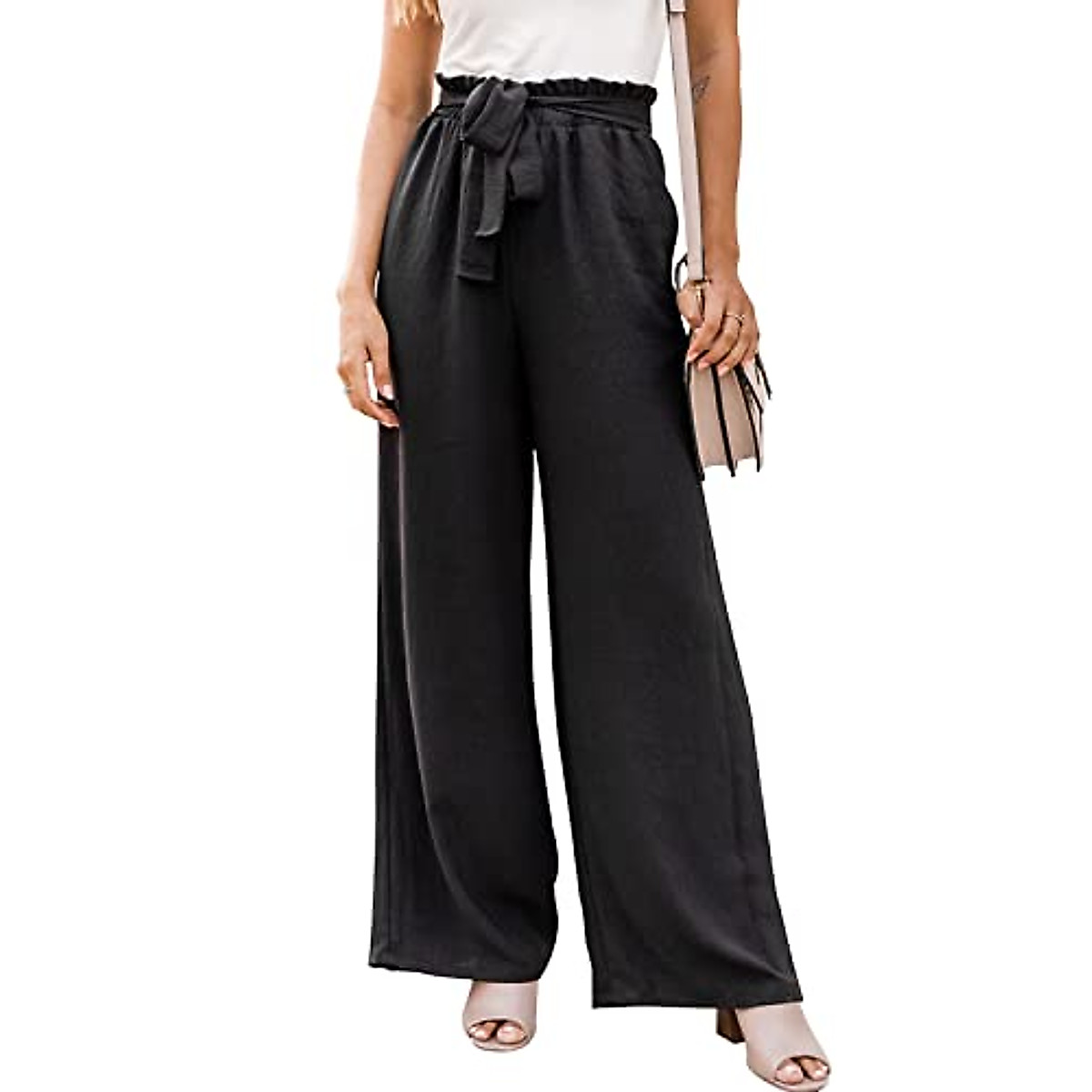 NIMIN High Waisted Wide Leg Pants for Women Comfy Dress Pants Loose Business Casual Pants Flowy Summer Beach Pants with Pockets Balck Large Black