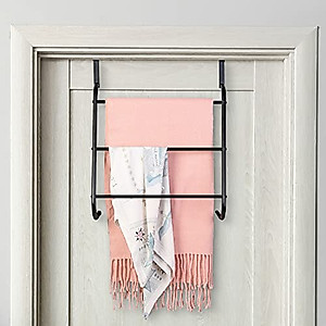 MyGift Modern Black Metal Over The Door Triple Bar Towel Holder Rack and Clothes Drying Hanger, Space Saving Bathroom Laundry Room Hanging Rack