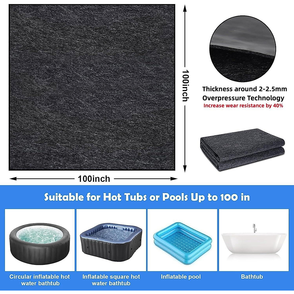 100 * 100 Inch Hot Tub Mat, Extra Large Inflatable Hot Tub Pad Outdoor Indoor, Waterproof Slip-Proof Backing, Absorbent Spa Pool Ground Base Flooring Protector Mat, Protect Hot Tub Pool from Wear