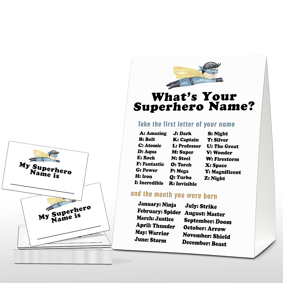 What's Your Superhero Name Game - Super Hero Birthday Party Games for Boys - Family School Classroom Activity - 1 Standing Sign and 30 Stickers - Kids Superhero Party Supplies Decorations(08)