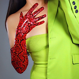 DooWay Latex Long Women Fashion Gloves Shiny Red Leather PU Wet Look 22-inch Elbow Opera Animal Print Python Snake