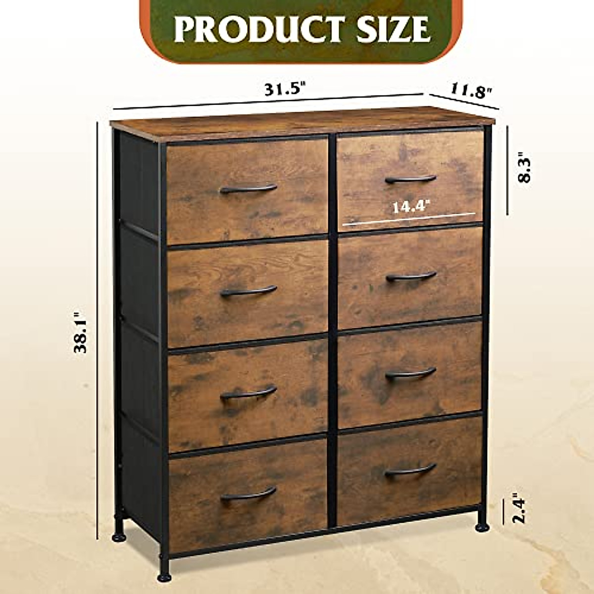 WLIVE Fabric Dresser for Bedroom, Tall Dresser with 8 Drawers, Storage Tower with Fabric Bins, Double Dresser, Chest of Drawers for Closet, Living Room, Hallway, Dorm, Rustic Brown Wood Grain Print